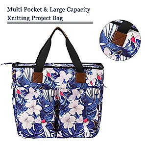 Aeelike Knitting Tote Bag Yarn Storage Bag with Holes, Portable Knitting & Crochet Bag for Storing Yarn and Crochet Knitting Supplies, Travel Knitting Bag with Removable Shoulder Strap (Blue Flower)