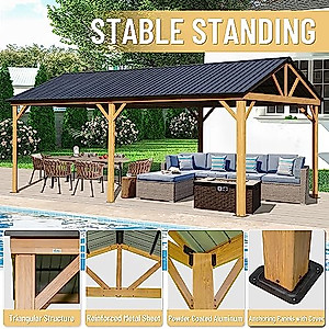 Domi 12' x 20' Hardtop Gazebo with Galvanized Steel Gable Roof, Pergola with Wood-Looking Aluminum Frame, Permanent Pavilion Outdoor Gazebo with Ceiling Hook for Deck Patio Lawn Yard Backyard Grill