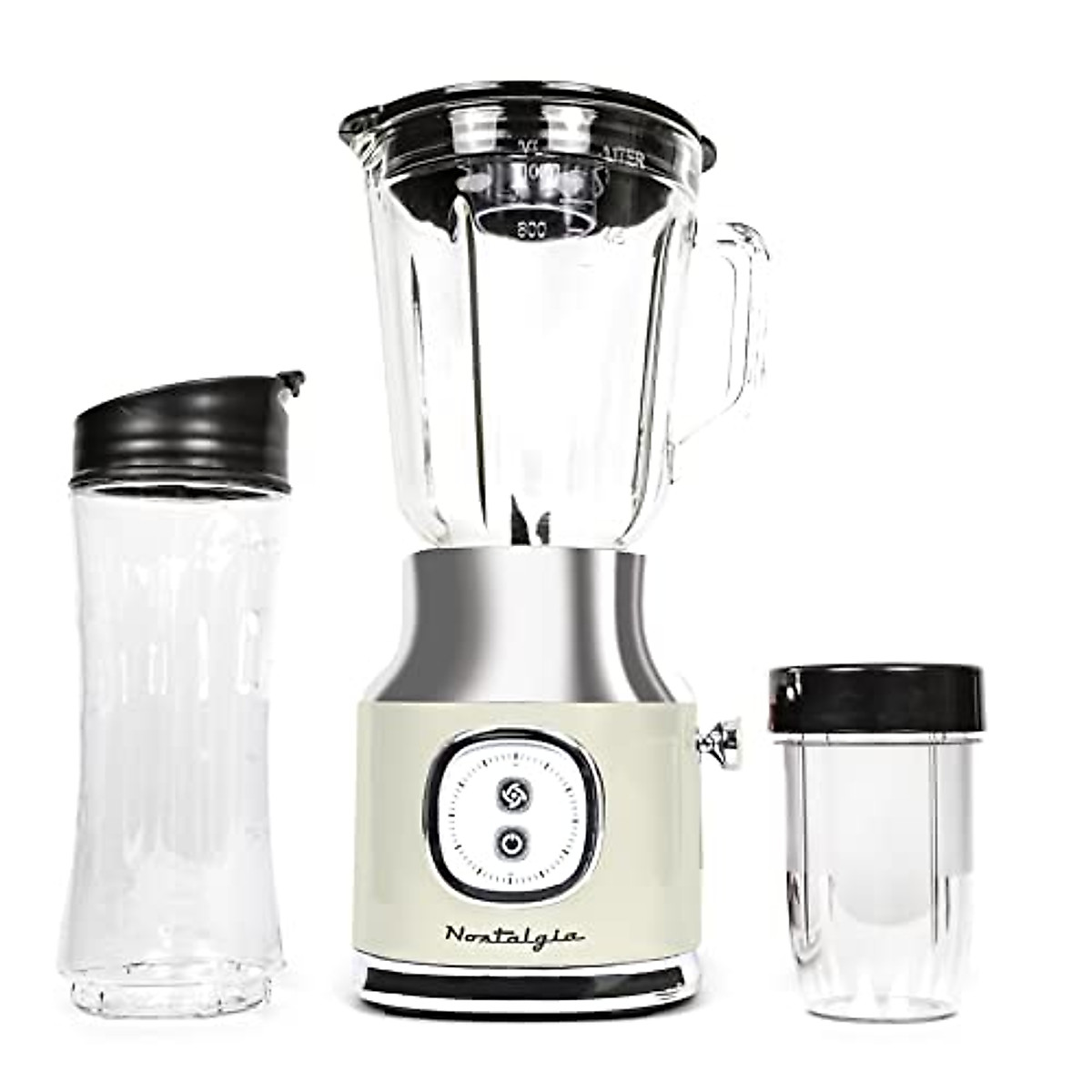 Classic Retro Electric Pulse Blender, 1 Liter Glass Pitcher, Includes Tritan Personal Travel Bottle With Lid And Storage Container, High Power 300 Watts Crushes And Pulverizes Ice Cubes