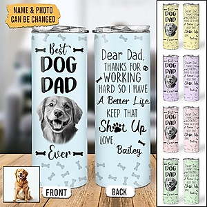 Hyturtle Personalized Picture Dog Dad 20oz Tumbler with Lid Gifts for Dog Lovers, Funny Father's Day Cup Gift For Men, Best Gift Ideas for Fur Dad Custom Name Stainless Steel Travel Skinny Cup