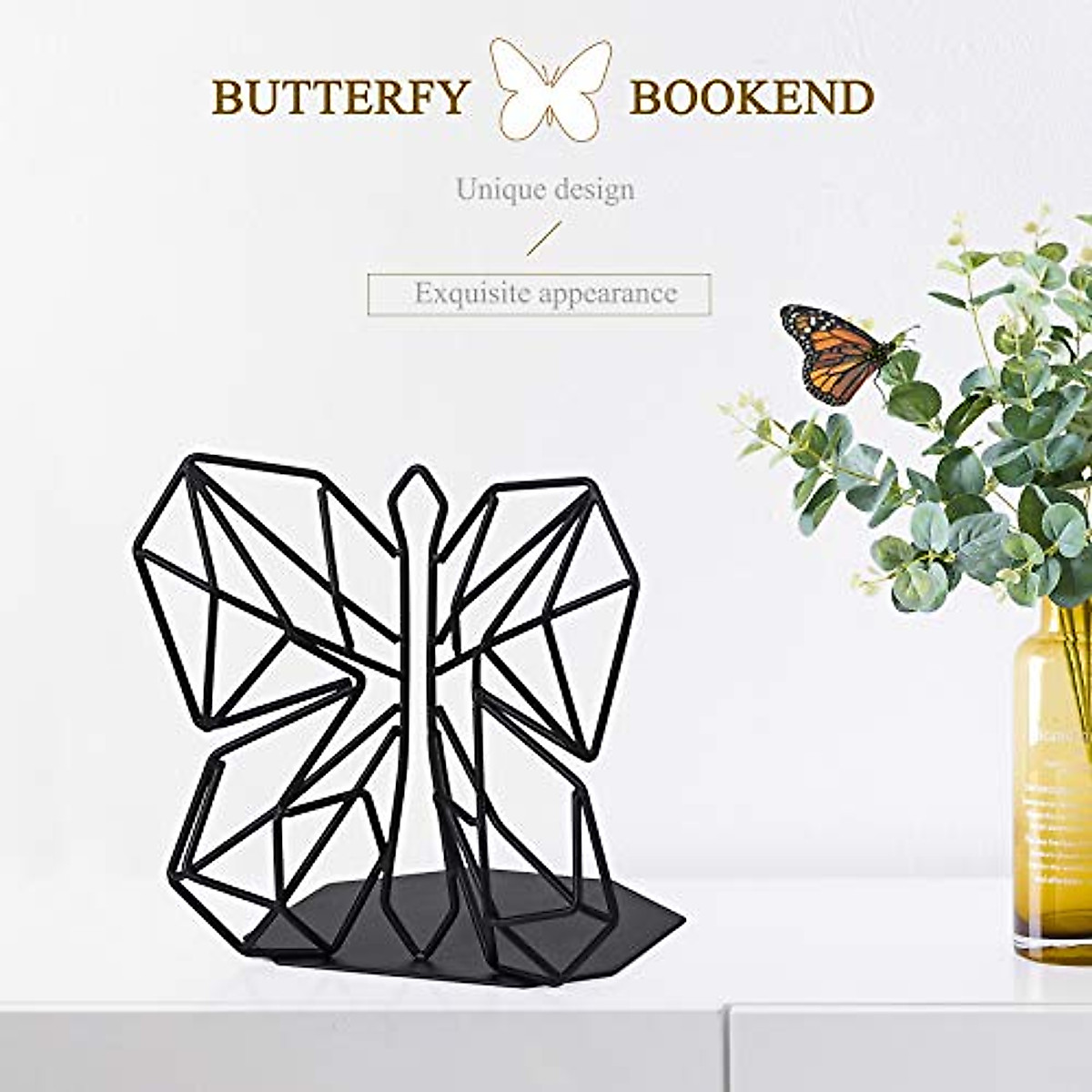 Alsonerbay Bookends Geometric Decorative Metal Book Stoppers Abstract Creative Book Supports, Book Holders for Shelves, Butterfly Book Ends for Office 1 Pair (Black)
