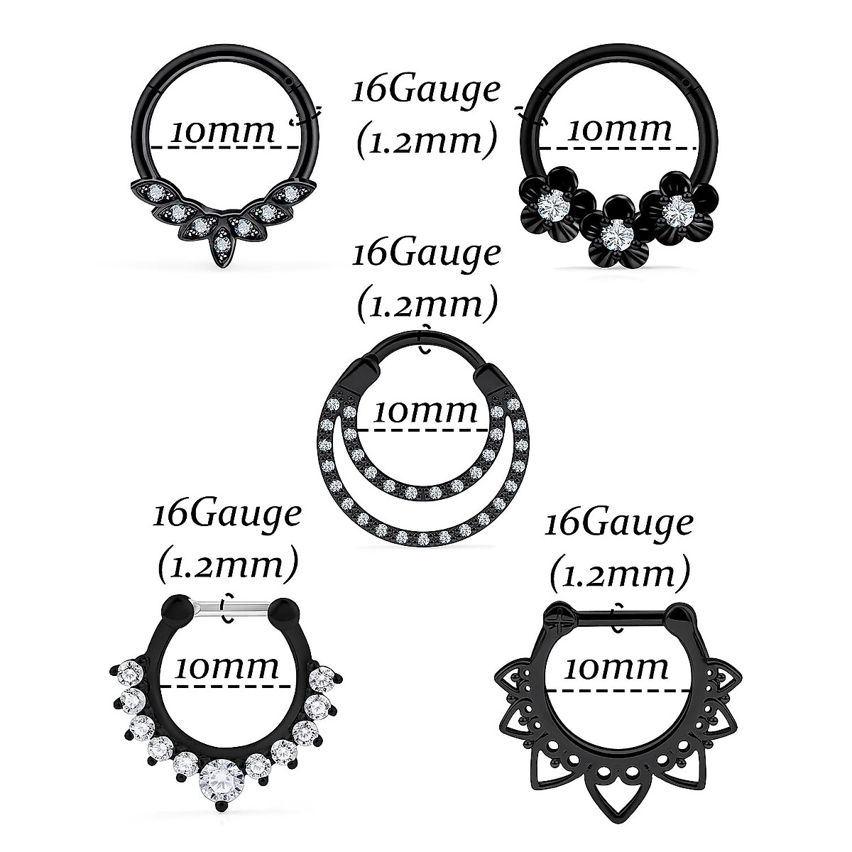 Vsnnsns 16G Septum Jewelry Septum Ring Piercing Jewelry Opal Septum Clicker Ring and Horseshoe Barbell Stainless Steel Ring Septum Nose Rings Hoop for Men Women Black 10mm 9pcs