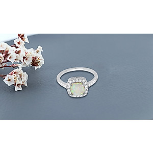 Dazzlingrock Collection 7 mm Cushion Lab Created Opal & Round White Sapphire Women Halo Style Vintage Traditional Engagement Ring | 925 Sterling Silver, Size 8