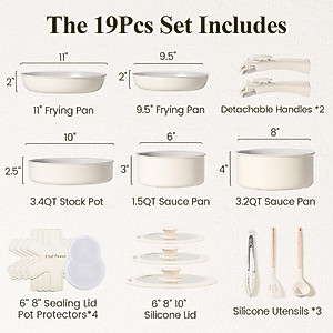 Chef Power Ceramic Nonstick Pots and Pans Set 19 Piece with Detachable Handle, Induction Dishwasher Oven Safe Cookware Set, RV Kicthen Set Removable Handle, Granite Grey and White