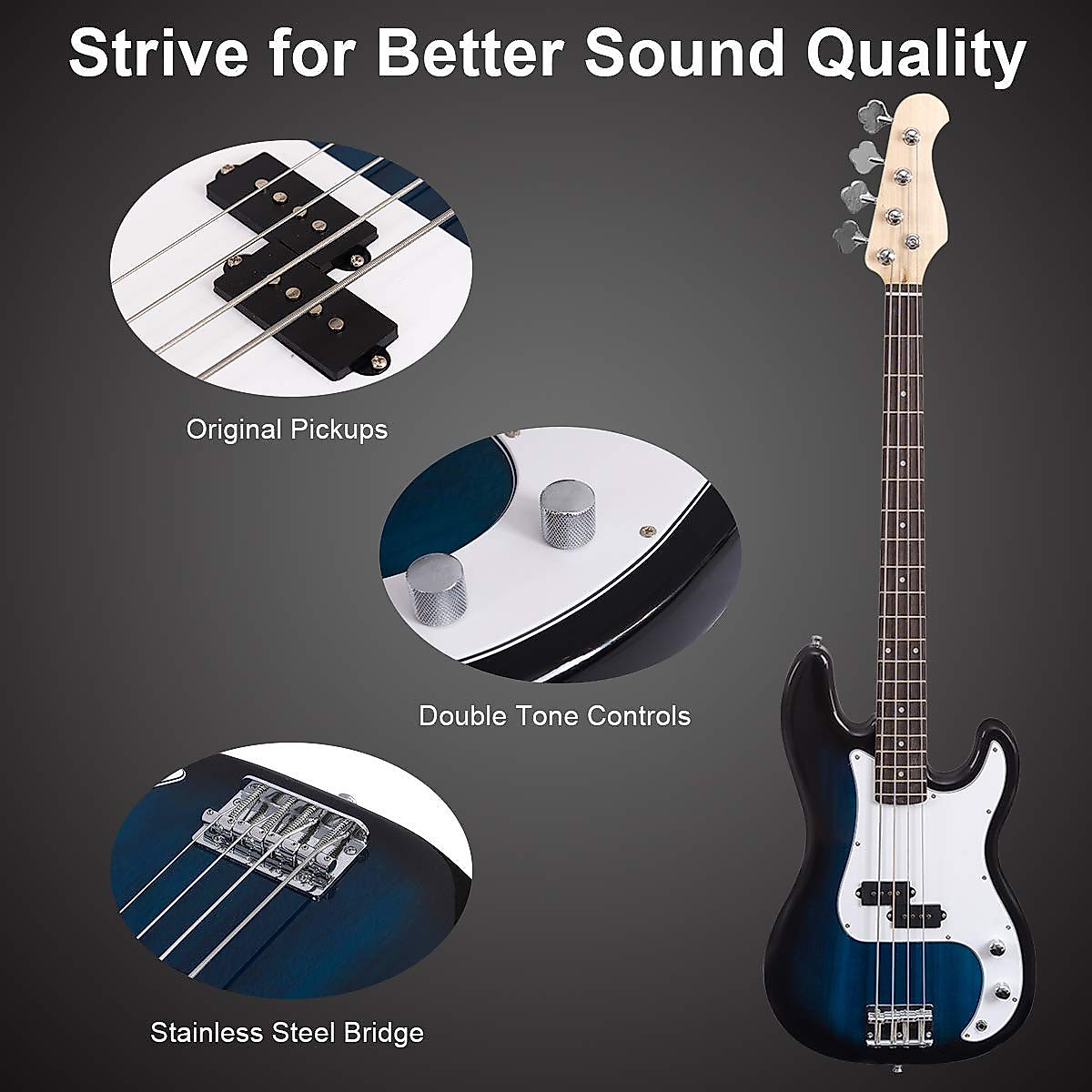 Costzon Full Size Electric 4 String Bass Guitar for Beginner Starter Complete Kit, Rose Fingerboard and Bridge, w/Two Pickups & Two Tone Control, Guitar Bag, Strap, Guitar Pick, Amp Cord (Blue Bass)