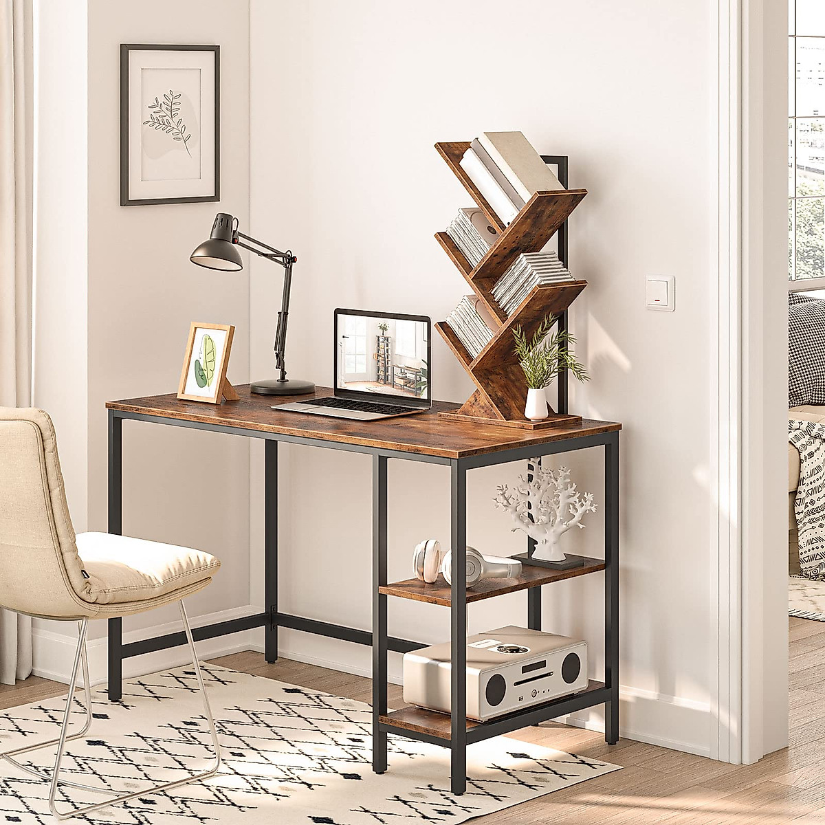 HOOBRO Tree Bookshelf, 5-Tier Bookcase Wooden Shelves, Floor Standing Storage Rack, for Display of CDs, Books in Living Room, Home Office, Wood Storage Rack for Bedroom, Rustic Brown BF04SJ01G1