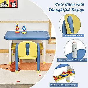 Costzon Toddler Table and Chair Set, Cute Dinosaur Children Activity Art Sturdy Desk Set w/Storage Rack & Montessori Toys Building Blocks, Kids Table and Chair for Baby Boys Girls (Blue)