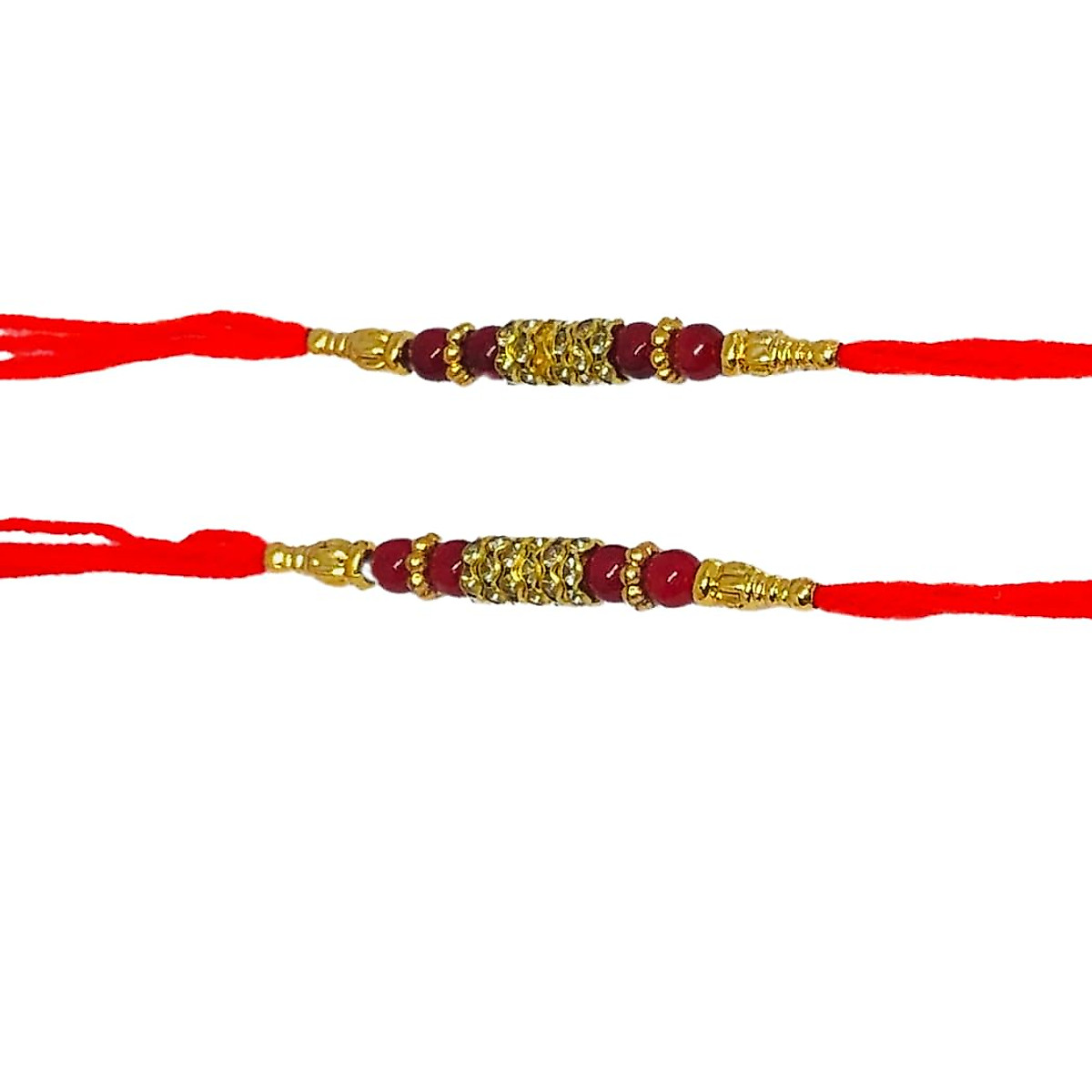 ZYRENA Rakhi for Brother Bhaiya Bhabhi, Gift Rakhi for Family, Raksha Bandhan Festival Rakhi for Bhaiya and Bhabhi, Stone Rings with Red Beads and Golden Rings Rakhi Thread, Pack of 2