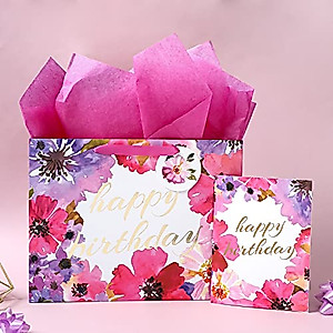 WRAPAHOLIC 13" Large Gift Bag with Card and Tissue Paper - Floral Gold Foil Happy Birthday