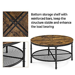 Yaheetech 35.5 inch Round Coffee Table, 2-Tier Rustic Wood Coffee Table for Living Room, Industrial Center Table with Metal Frame and Wood Desktop,Easy Assembly, Rustic Brown