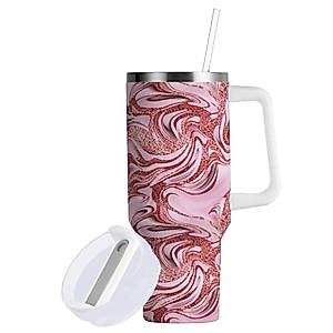 RPLIFE Elegant Abstract Marble Rose Pink Tumbler with Handle, Stainless Water Bottle, Coffee Mug with Lid
