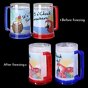 Easicozi It's 5 O'Clock Somewhere Party Parrot Double Wall Gel Frosty Freezer Ice Mugs Clear 16oz Set of 2