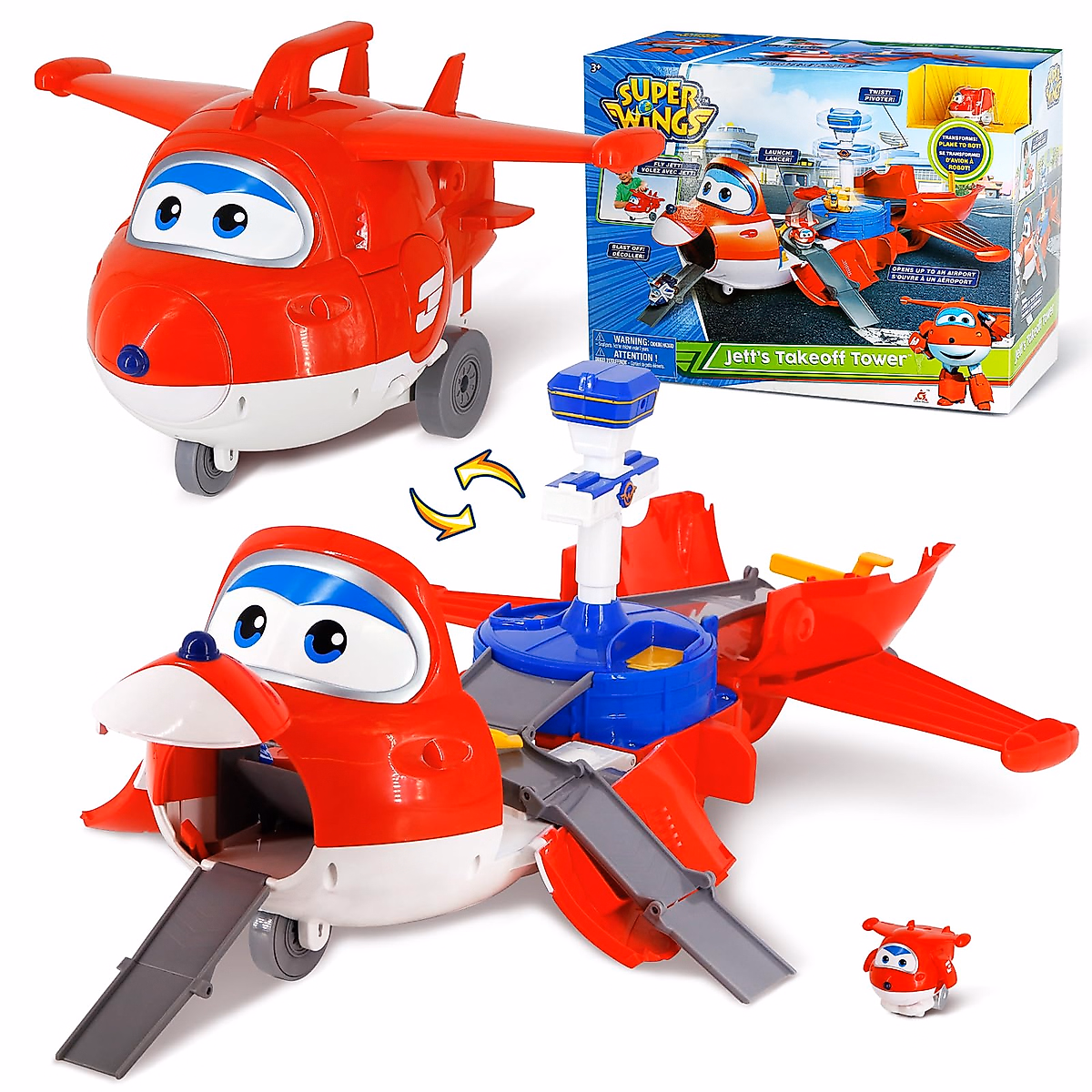 Super Wings Jett's Takeoff Tower 2-in-1 Airplane Toys Playset with 2" Jett Mini Figure Transform-a-Robots, Toys for Preschool Kids, Gifts for Boys and Girls Age 3+, Educational Learning Toys