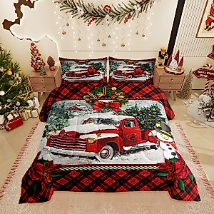 Homewish Christmas Truck Comforter Set Queen Size Kids Girls Boys Red Plaid Decor Pine Tree Bedding Set 3pcs Winter Snow View Quilt Set Happy New Year Gifts Duvet Insert with 2 Pillowcases