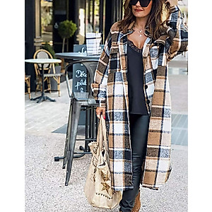 Peaceglad Women's Lounge Lapel Button Up Long Sleeve Plaid Long Shirt Jacket Shacket(Brown,M)