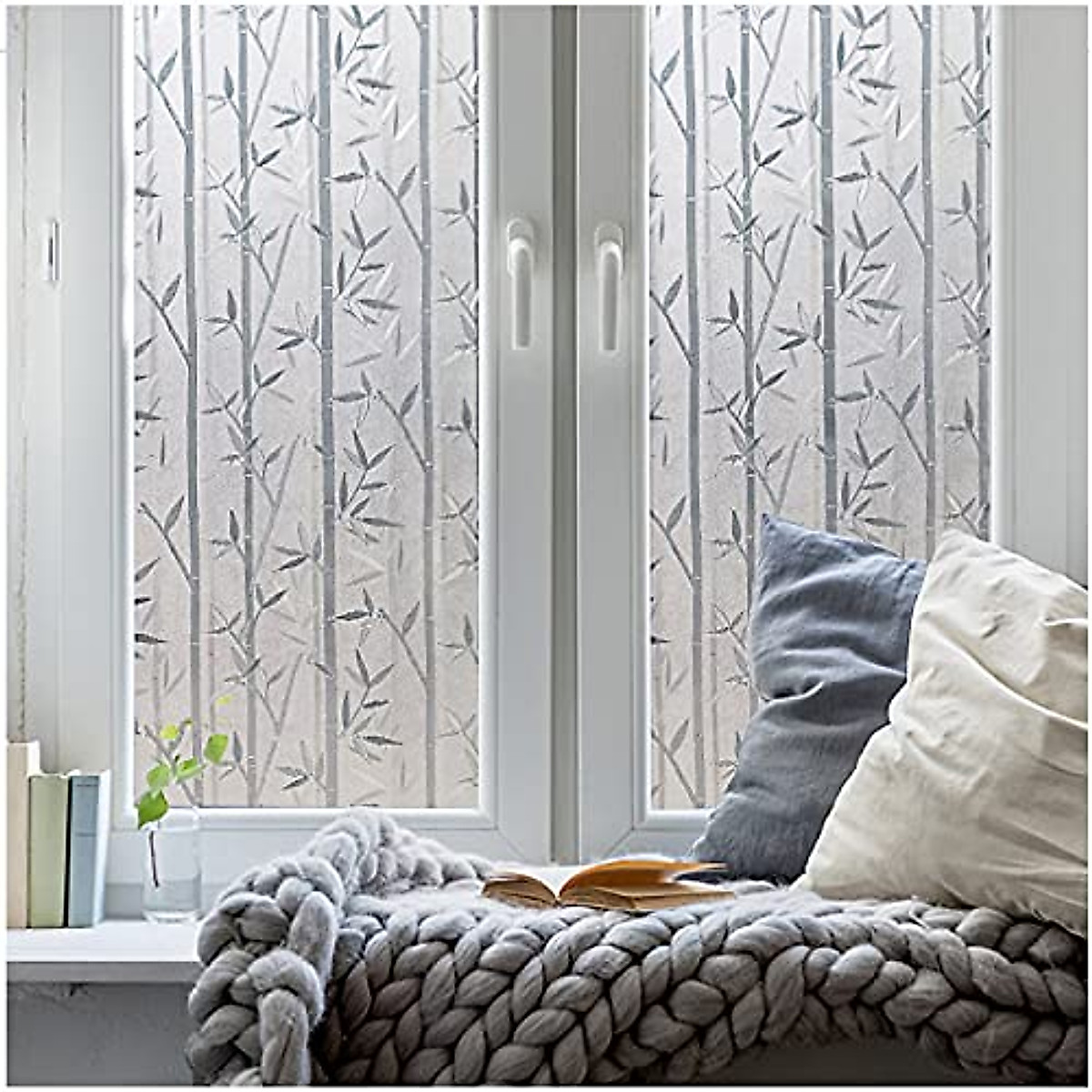 Window Privacy Film Bamboo Patten Frosted Glass Films, Self-Adhesive Static Cling Window Stickers, Anti-UV, Heat Insulation for Living Room Kitchen Patio Doors (17.5 x78.7Inch)