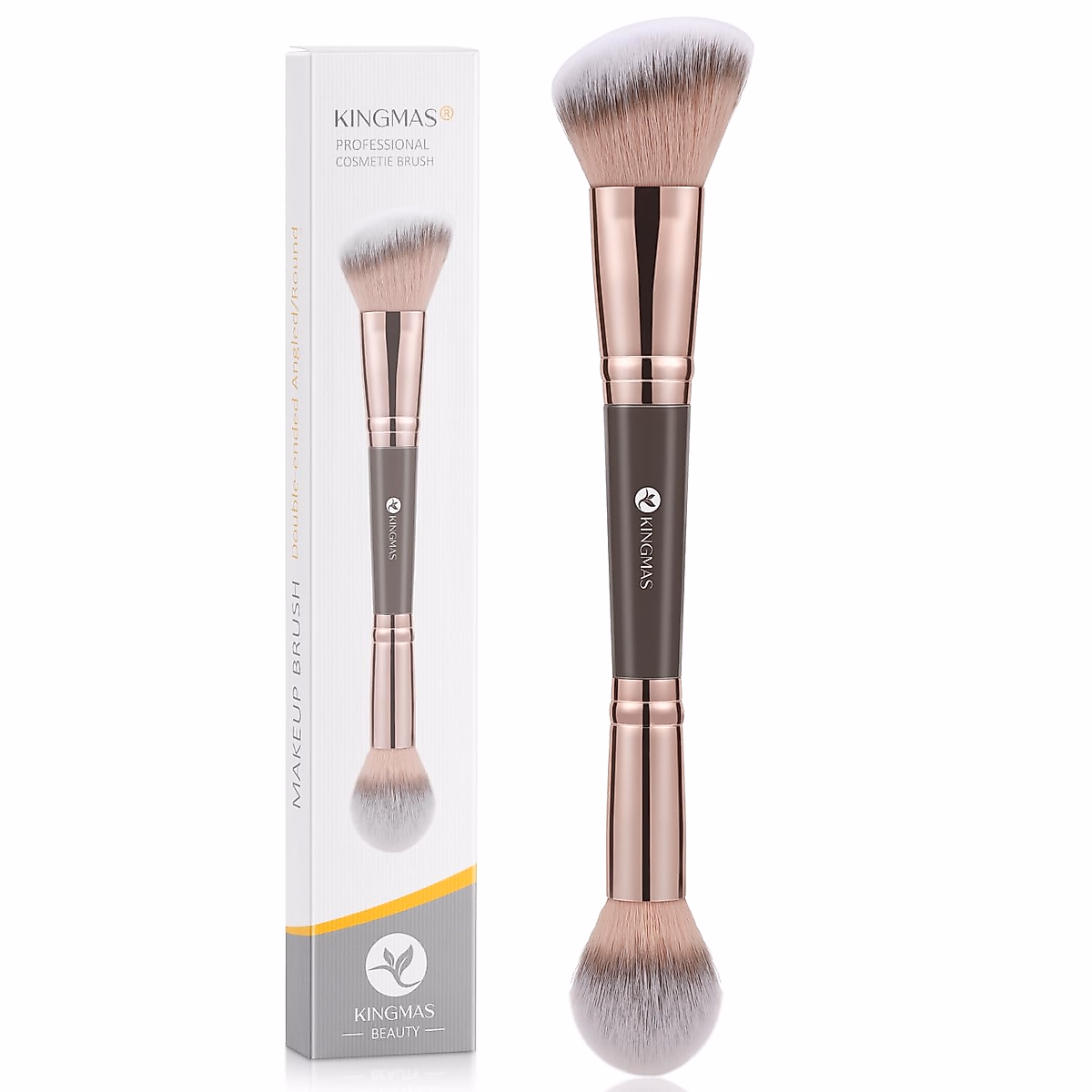 KINGMAS Foundation Makeup Brush, Double-ended Angled/Round Top Contour Brush for Beauty Blending Liquid Powder, Concealer Cream Cosmetics Blush Makeup Brush (Brown)