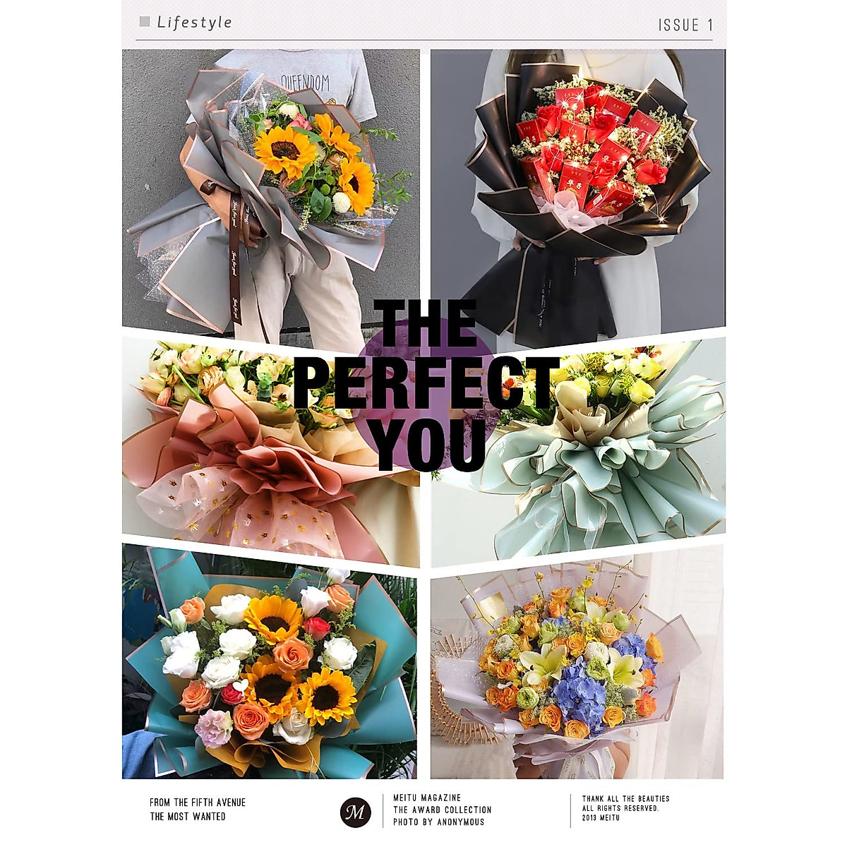 XICHEN 100 Sheets /10 Colors Gold Edge Flower Wrapping Paper,Florist Bouquet Supplies,DIY Crafts,Gift Packaging or Gift Box Packaging, Waterproof Floral Wrapping Paper 22.8x22.8Inch