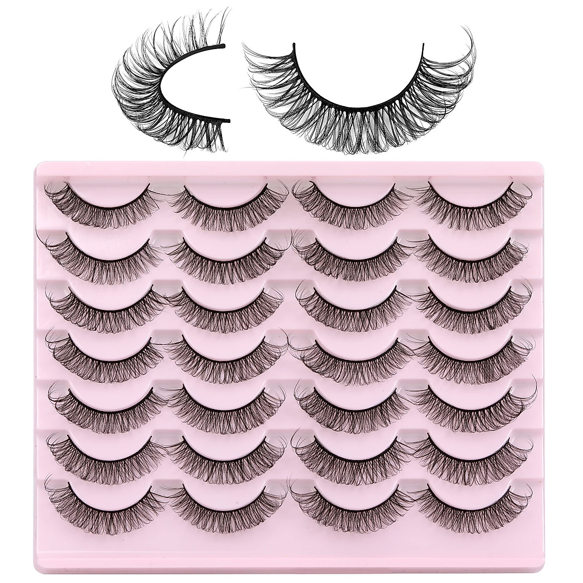 Newcally Russian Strip Lashes Mink Wispy Natural Look False Eyelashes Pack Manga Lashes D Curl Fluffy Volume Faux Mink Lashes Cat Eye Lashes Look Like Lashes Extension 14 Pairs