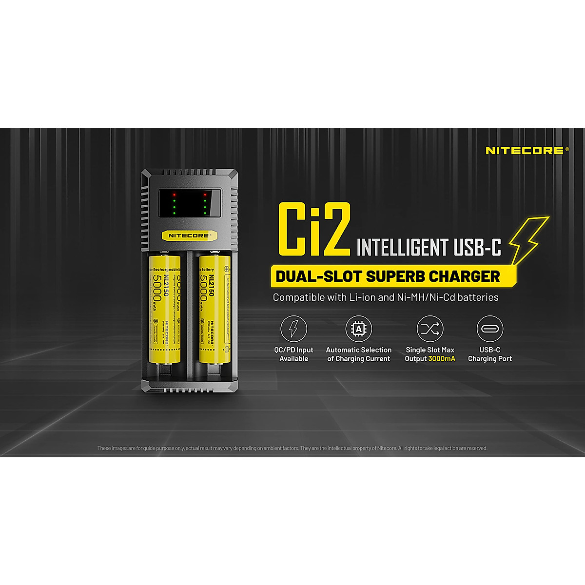 Nitecore Ci2 2 Bay Universal Battery Charger Support 16340 14500 18650 21700 Lithium Ion AA AAA Ni-MH Ni-CD, USB-C QC PD with Lumentac Battery Organizer