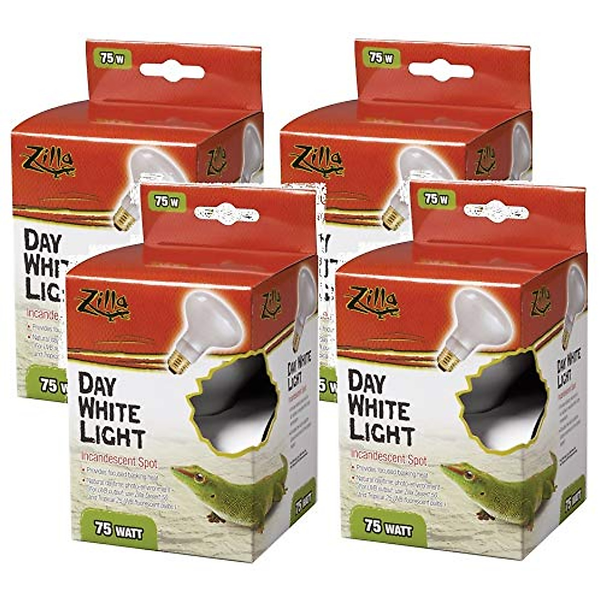 Zilla 4 Pack of Day White Light Incandescent Spot Heat Bulbs, 75 Watts, for Reptile Basking