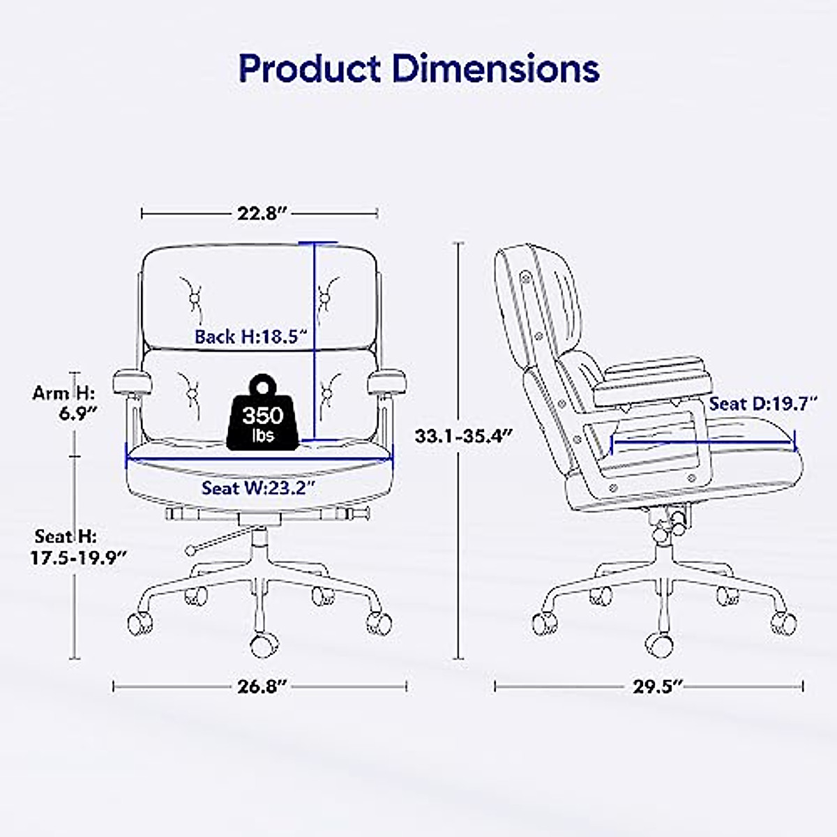 Office Chair- Aluminum Arms Thickened Backrest Lumbar Support, Executive Desk Chair, Genuine Grain Leather Thick Padded Strong Aluminum Base Quiet Wheels, Ergonomic Mid Back Leather Computer Chair