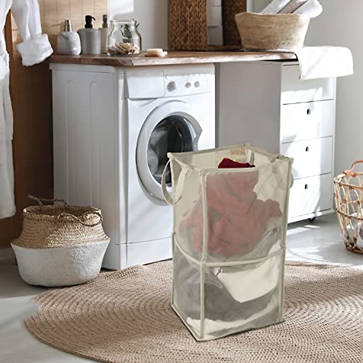 Brookstone BKH1576, Collapsible Mesh Hamper, Perfectly Sized at 26 X “13, Travel Laundry Bag for College/Dorm/Bedroom, Folding Bin for Dirty Clothes, Cream