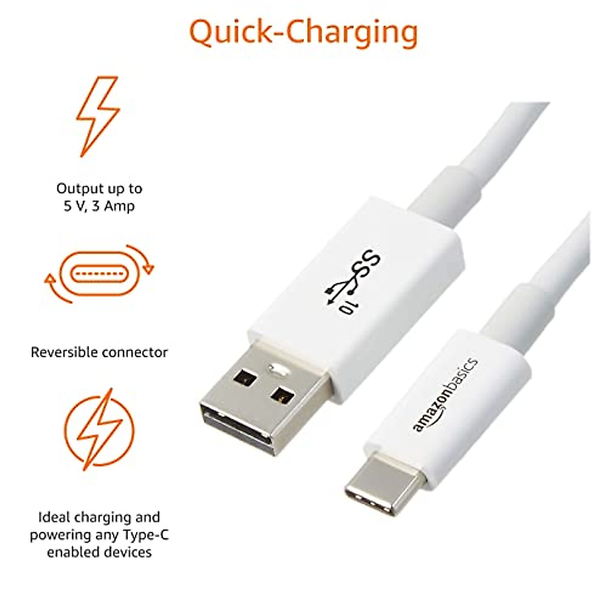 Amazon Basics USB-C to USB-A 3.1 Gen 2 Adapter Fast Charger Cable, 10Gbps High-Speed, USB-IF Certified, for Apple iPhone 15, iPad, Samsung Galaxy, Tablets, Laptops, 3 Foot, White