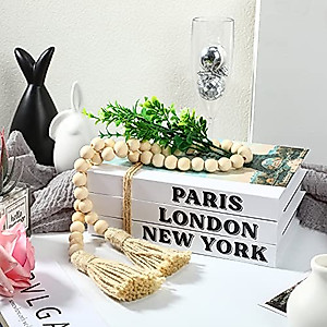 3 Pieces White Decorative Books Modern Farmhouse Stacked Books Stacks Faux Paper Books with Wood Bead Linen Decor for Home Coffee Tables (Fresh Style)