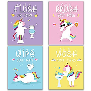 IIILUYOT Funny Unicorn Bathroom Decor, Wash Wipe Flush Brush, Unicorn Decor Gift, Unicorn Rainbow Girls Gift Art Prints, (Unframed8 x 10), Cute Kids Children’s Tween Posters for Home