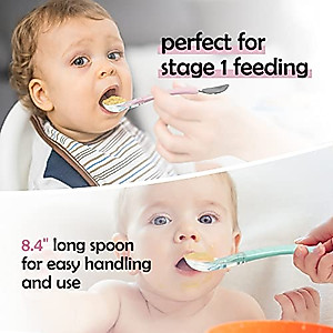 Baby Feeding Spoon, ROPOSY Double-Ended Silicone Baby Spoon, BPA-Free First Upward Self Feeding Baby Utensils for 6 Months+, 1-Pack, 2 Spoons in Cyan/Pink