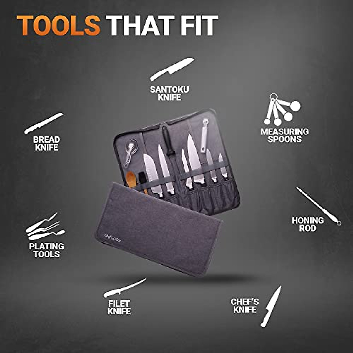 Chef Knife Bag Travel Folder Extended Knife Case | 8 Pockets for Knives, Kitchen Tools & Camp Accessories | Special Slot for Honing Rod | Durable Knife Holder for Chefs & Culinary Students (Dark Grey)