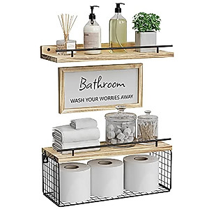 WOPITUES Floating Shelves with Bathroom Wall Décor Sign, Wood Floating Bathroom Shelves Over Toilet with Toilet Paper Storage Basket Set of 3, Floating Shelf with Guardrail for Wall Décor–Light Brown