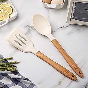 Rae Dunn Everyday Collection 5 Piece Silicone Kitchen Utensil Set with Canister Holder- Kitchen Tools with Beechwood Handles (White)