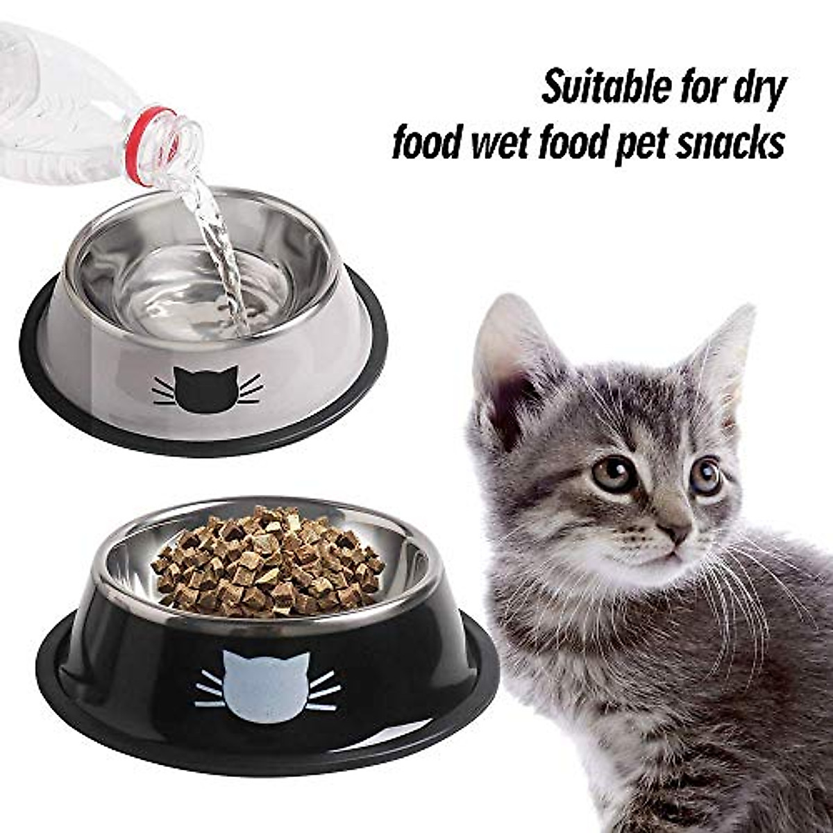 Cat Bowls for Food and Water,2PCS Rapsrk Non-Slip Stainless Steel Small Cat Food Bowls 8 Oz Pet Bowl with Removable Rubber Base Cat Dog Bowl,Stackable Cat Puppy Dishes Cat Bowls with Cute Cat Painted