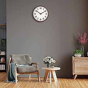 Foxtop Wooden Wall Clock 12 Inch Silent Non-Ticking Battery Operated Quartz Round Wood Wall Clock for Bedroom Kitchen Home Office (Brown)