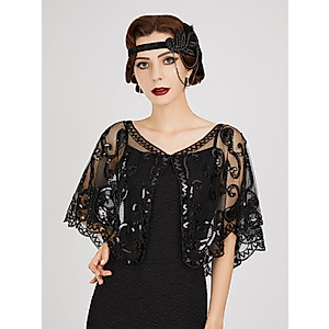 SWEETV Women's 1920s Flapper Shawl,Sequin Beaded Shawls Gatsby Wraps for Evening Dresses/Party/Wedding/Formal/Harlem night,1920s Accessories for Women,Black