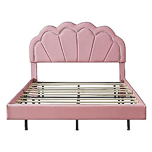 Upholstered Smart LED Bed Frame with Elegant Flowers Headboard,Floating Velvet Platform LED Bed with Wooden Slats Supportfor Bedroom, No Box Spring Needed (Pink, Full)