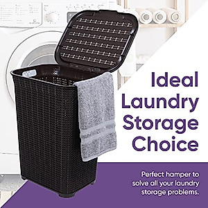 Wicker Laundry Hamper With Lid 50 Liter - Brown Laundry Basket 1.40 Bushel Durable Bin With Cutout Handles - Easy Storage Dirty Cloths in Washroom Bathroom, Or Bedroom. By Superio.