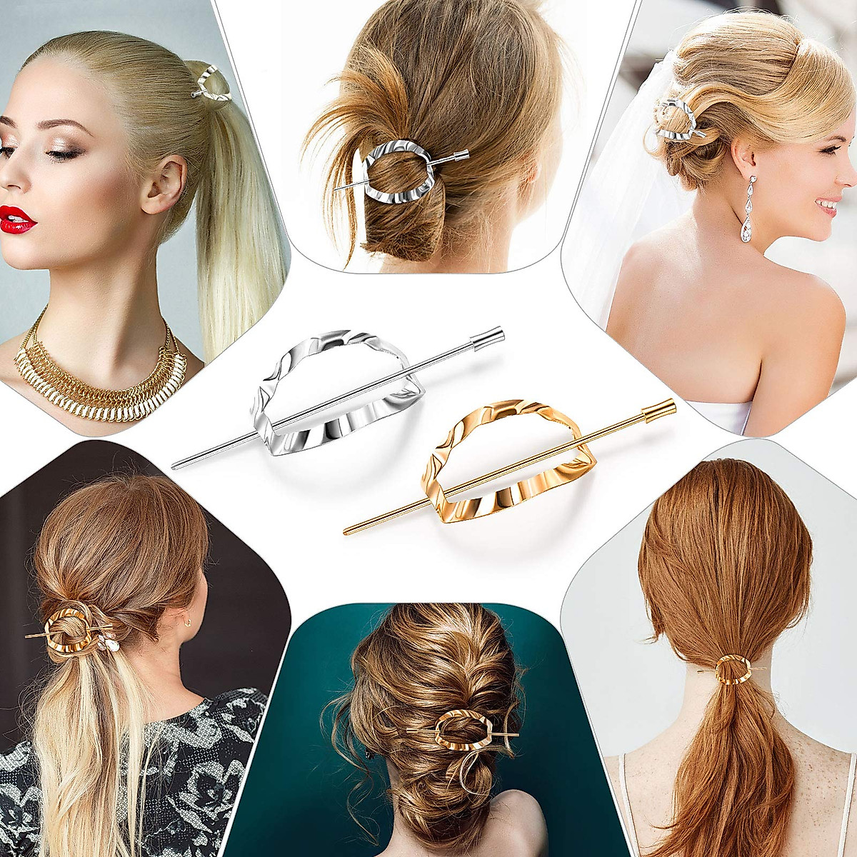 10 Pieces Metal U-Shape Oval Side Comb Hairpin Hair Fork Clip Stick Hair Bun Updo Sticks Gold Silver Chignon Pin Grips for Women Styling Tool Accessories