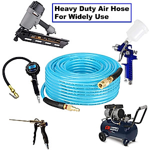 YOTOO Reinforced Polyurethane Air Hose 1/4" Inner Diameter by 100' Long, Flexible, Heavy Duty Air Compressor Hose with Bend Restrictor, 1/4" Swivel Industrial Quick Coupler and Plug, Blue