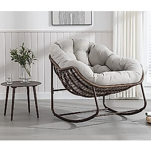 Lin-Utrend Outdoor Patio Rocking Chair,Oversized Egg Rocking Chair,Comfy Wicker Rocker Recliner Chair,Modern Lounge Chair for Living Room Patio,Balcony,Front Porch,Garden(Beige)