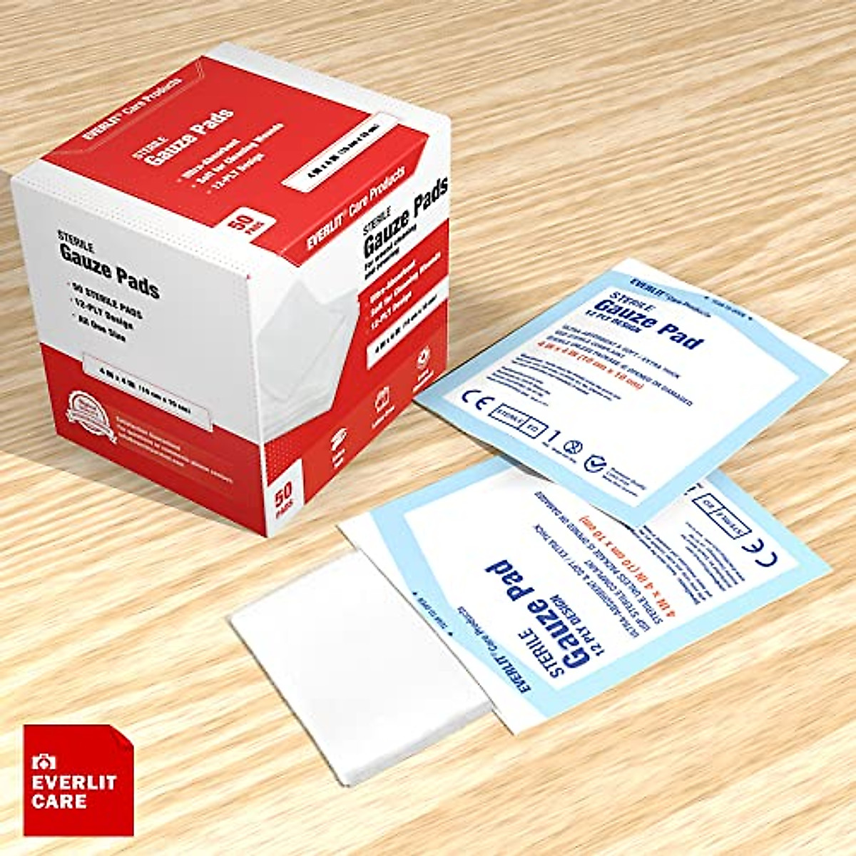 EVERLIT [Extra-Thick] 4''x4'' Sterile Gauze Pad 12-Ply, 100 Pack, Individual Wrapped, Ultra Absorbent Large Non-Woven Medical Gauze Sponges for Wound Care Home First Aid Kit