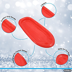 Superio Toboggan Snow Sleds for Kids and Adults, 48" Heavy Duty Plastic Sliders with Handles and Hole for Pull Ropes- Kid and Adult Winter Fun (48 Inches, Red-Blue)