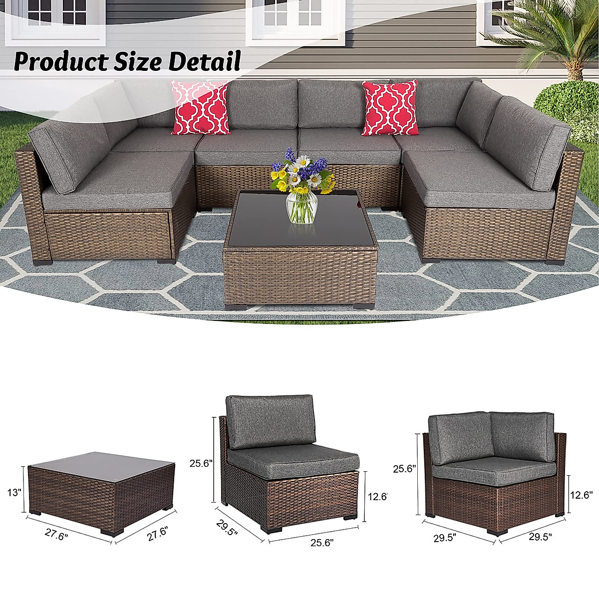 JSUN7 7 Pieces Patio Couch Outdoor Furniture Sets PE Golden Brown Rattan Sectional Conversation Sofa Set Washable Cushions with Glass Coffee Table(Dark Gray)