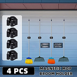 Vercraft 4 Pcs Magnetic Mop Broom Holder Movable Magnetic Broom Holder Rack, Magnetic Holder Anti Slip Wall Mounted Utility for Cleaning Tools, Garage, Kitchen, Laundry, Garden (Black)