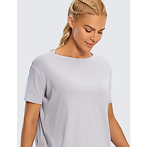 CRZ YOGA Women's Pima Cotton Short Sleeve Shirts Boat Neck Loose Fit Gym Workout T-Shirt Athletic Casual Tops Iced Iris Medium