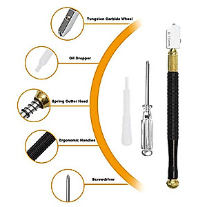 SPEEDWOX Glass Cutting Tool Kit 2mm-20mm Pencil Style Oil Feed Glass Cutter with 2 Replaceable Blades Ergonomic Assist Handle Tungsten Scribe Engraving Pen Oil Dropper Screwdrive Steel Ruler