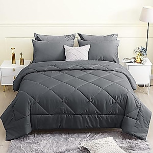 HEVUMYI California King Comforter Set 7 Pieces, All Season Bed in a Bag, Down Alternative Bedding Sets with Comforter, Flat Sheet, Fitted Sheet, Pillowcases & Pillow Shams (Dark Gray,104x90 Inch)
