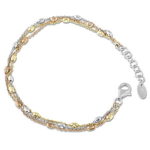 Sterling Silver Italian Tri-Color Triple Strand Oval Beaded 7+1" Bracelet Jewelry for Women or Teens